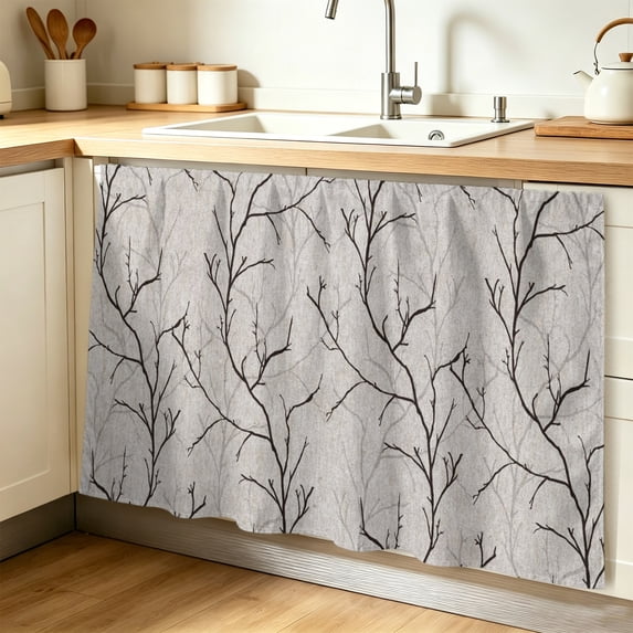 Black Grey Branches Cabinet Curtains for Shelves, Vintage Art Farmhouse ...