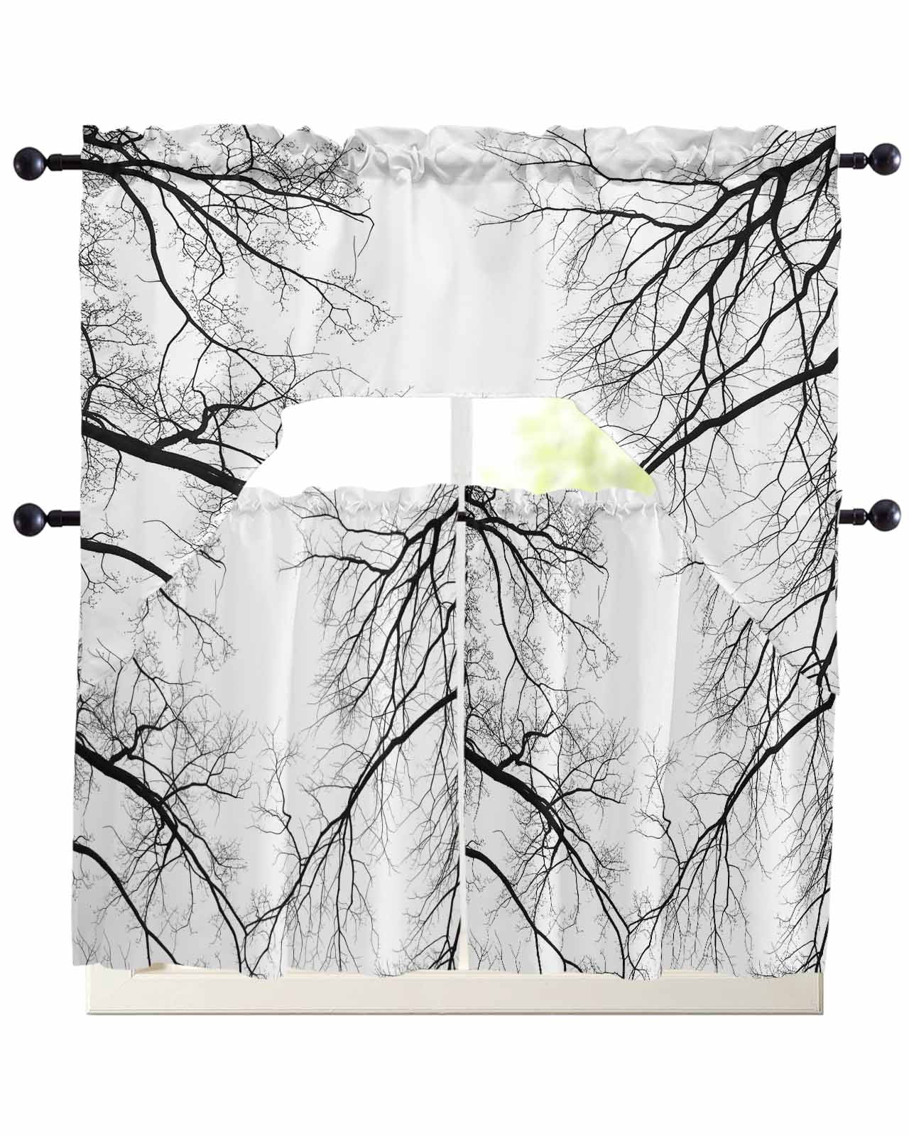 Black Grey Branches Kitchen Curtains Sets 24 Inch Length with Valance ...