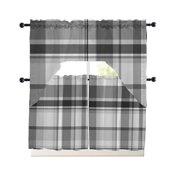 Black Grey Buffalo Plaid Kitchen Curtains Set for Windows 3 Piece Cafe ...