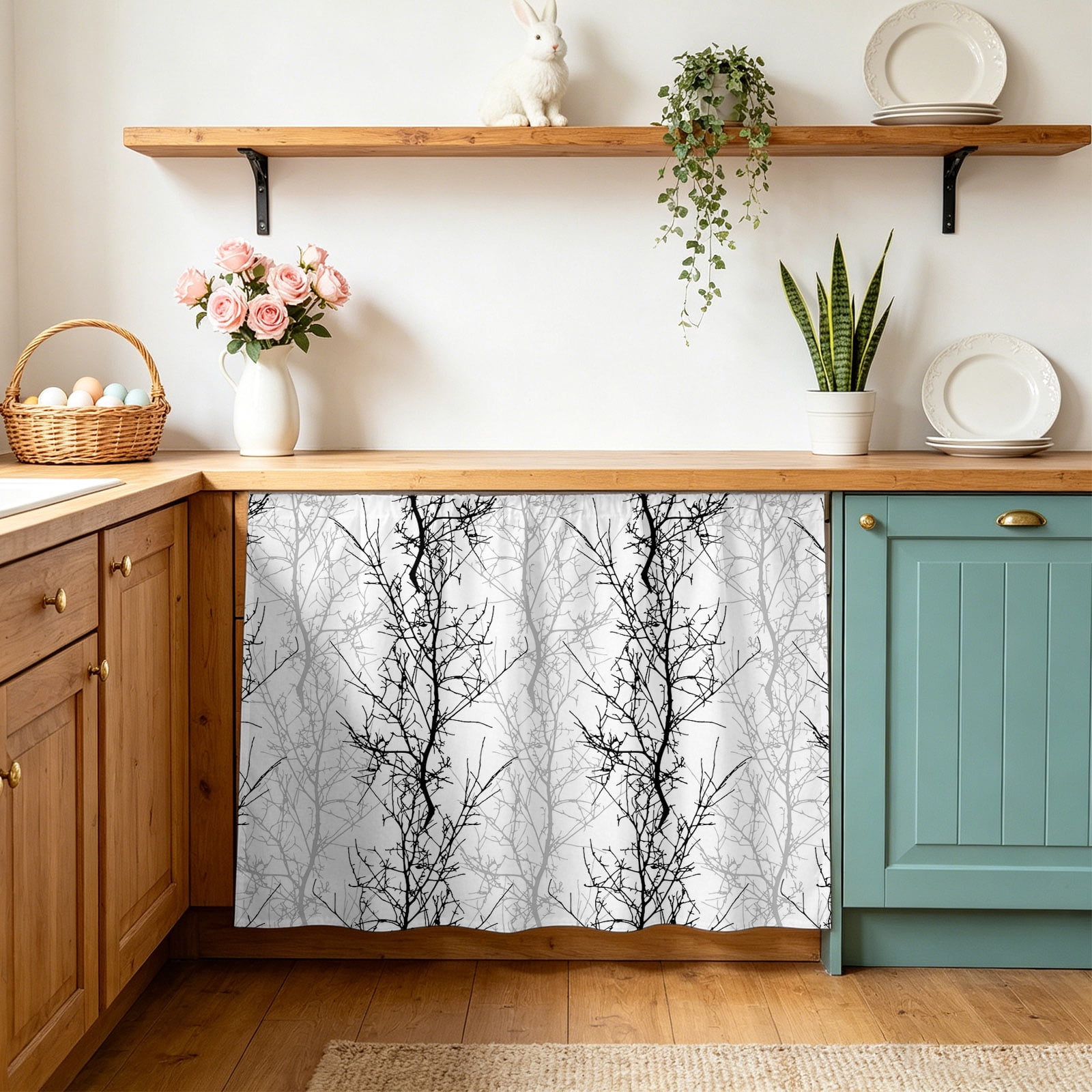 Black Grey Cabinet Curtains 28''x35.4'', Pastoral Botanical Branch ...