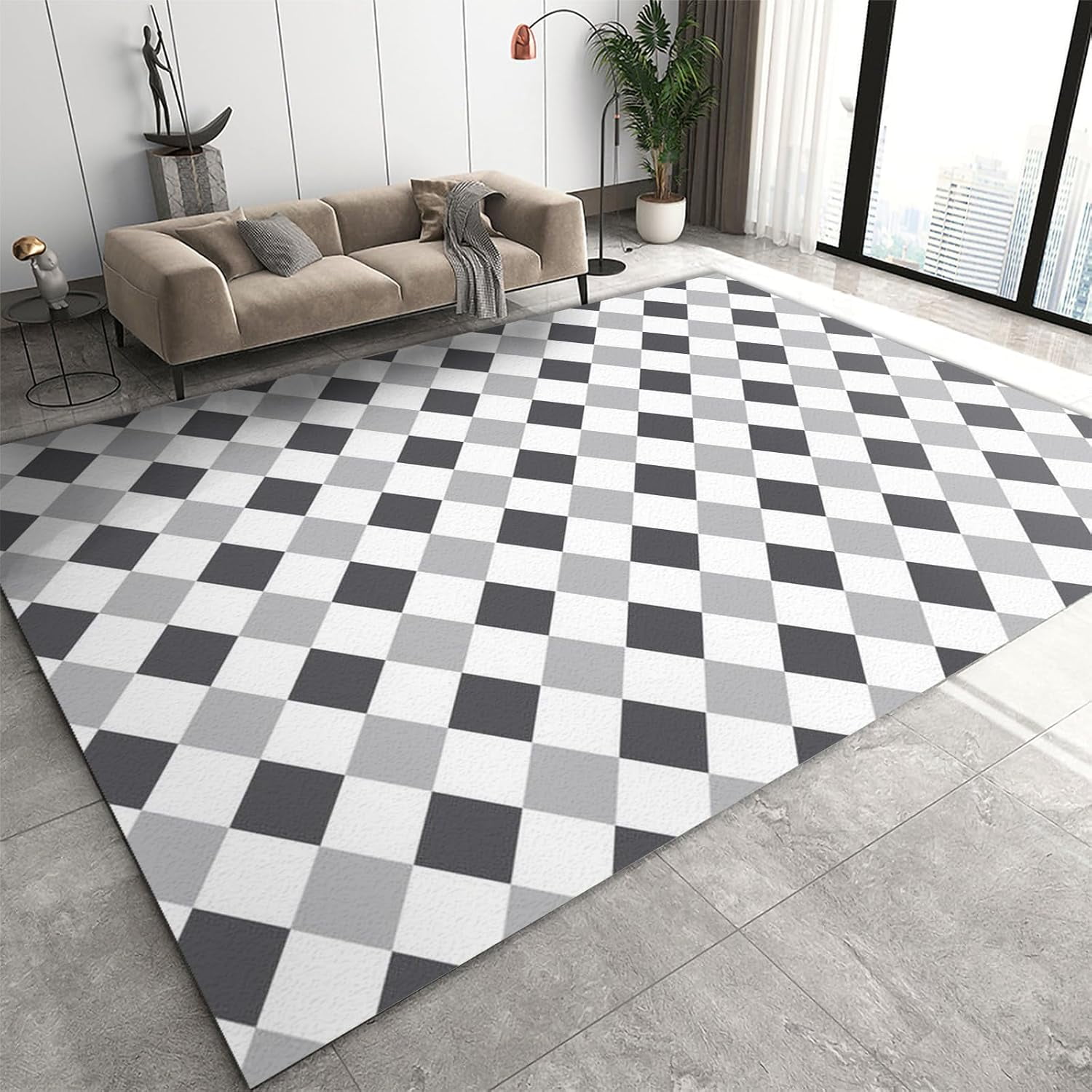 Black and Grey Chess Grid Area Rug 3x5ft Abstract Geometric Chessboard ...