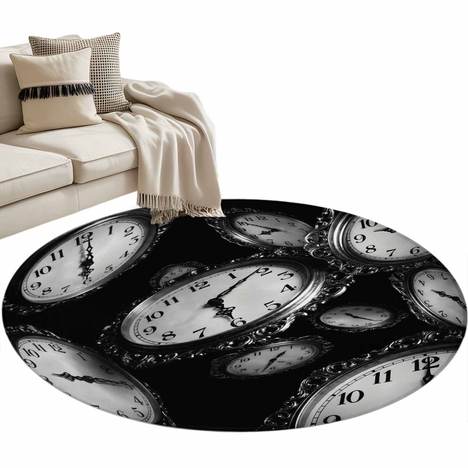 Black Grey Clocks Round Rug 3ft Washable Circle Entryway Rugs Non Slip ...