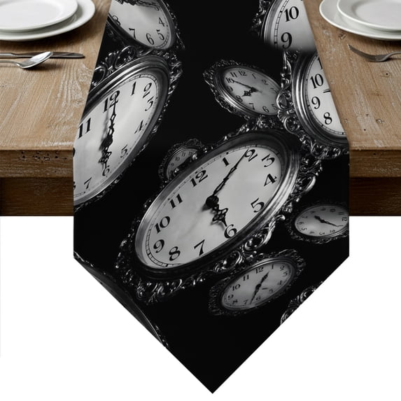 Black Grey Clocks Table Runner Linen Burlap Table Runner 72 Inches Long ...