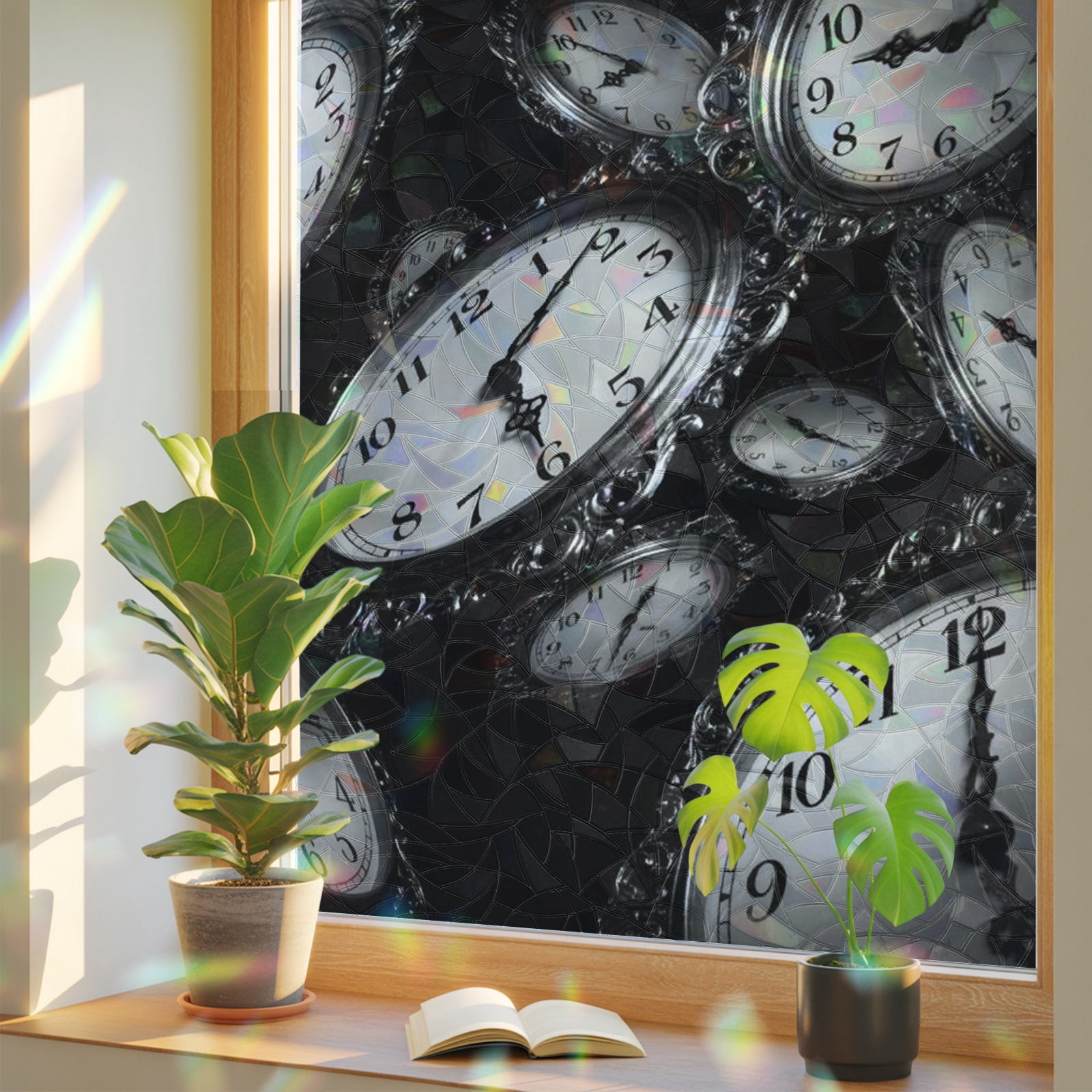 Black Grey Clocks Window Privacy Film Rainbow Static Cling Stain Glass ...
