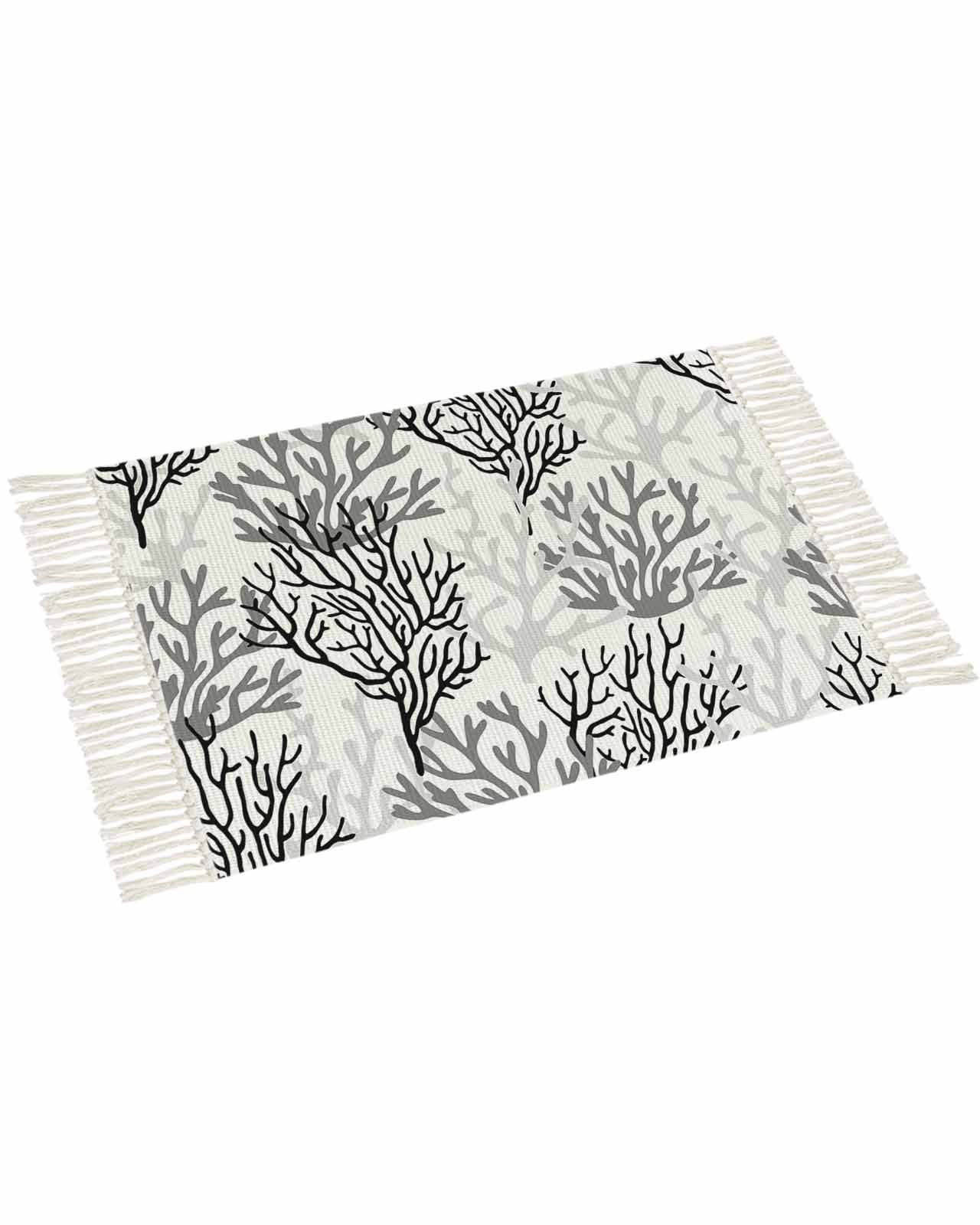 Black Grey Coral Bathroom Rug 2'x3', Woven Cotton Area Rug with Tassels ...