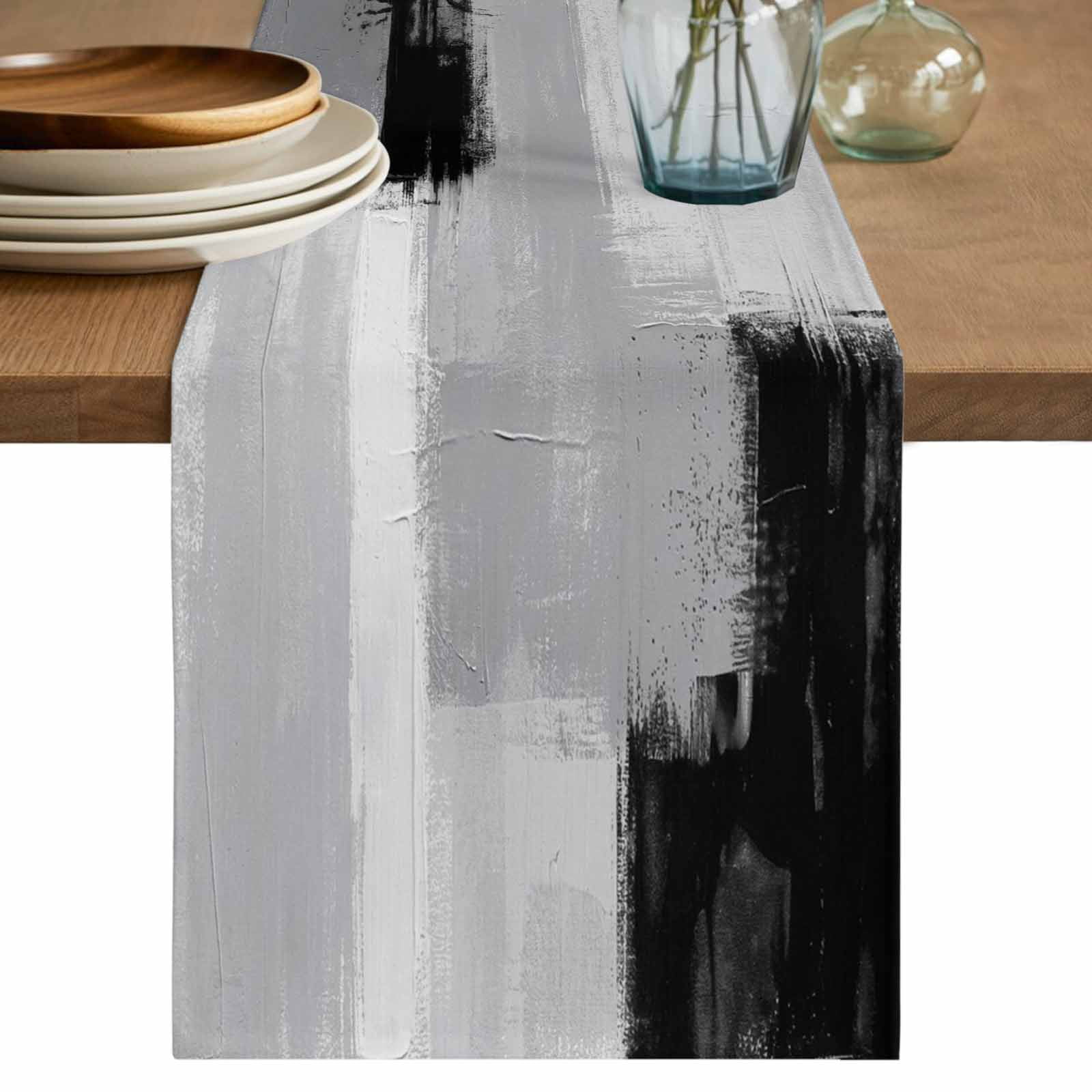 Black Grey Cotton Linen Table Runner for Dining Kitchen, Abstract ...