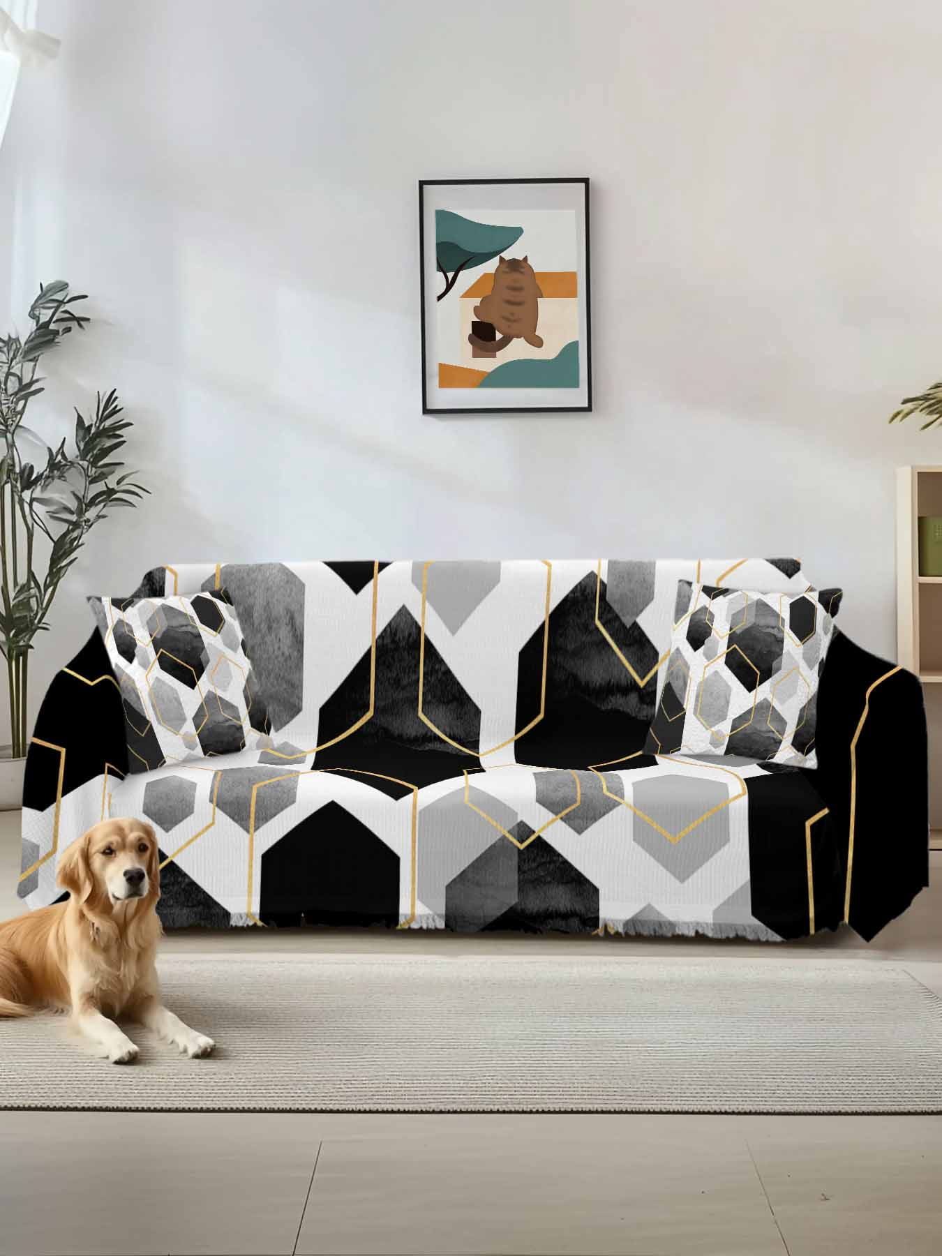 Black Grey Couch Cover for 2 Cushion Sofa, Geometric Gold White Hexagon ...