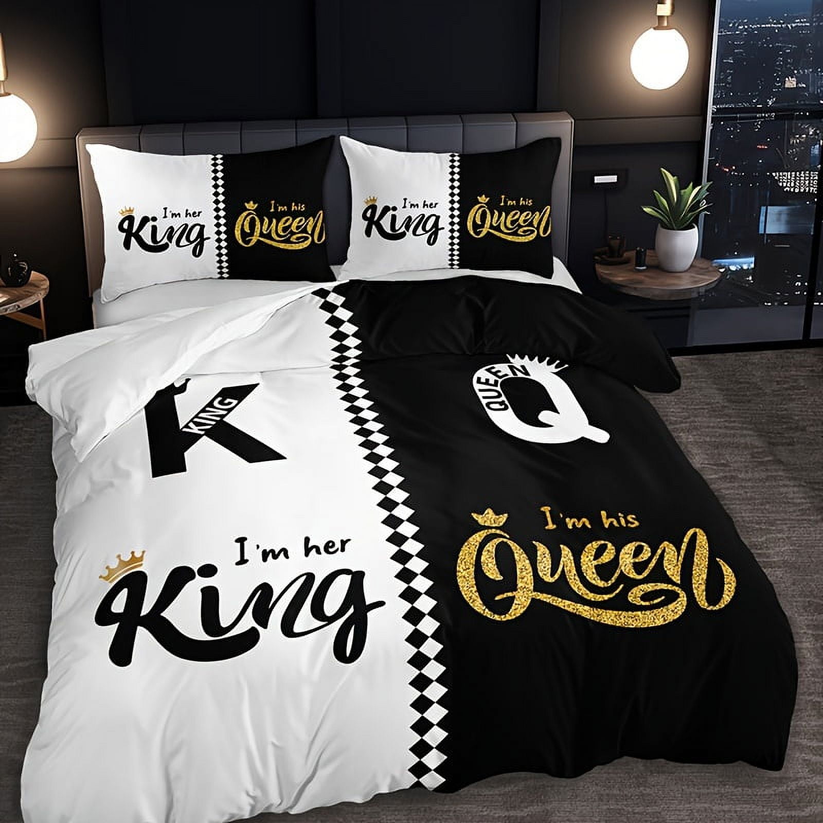 Black Grey Crown Lettering Duvet Cover Set (1 Duvet Cover + 2 ...