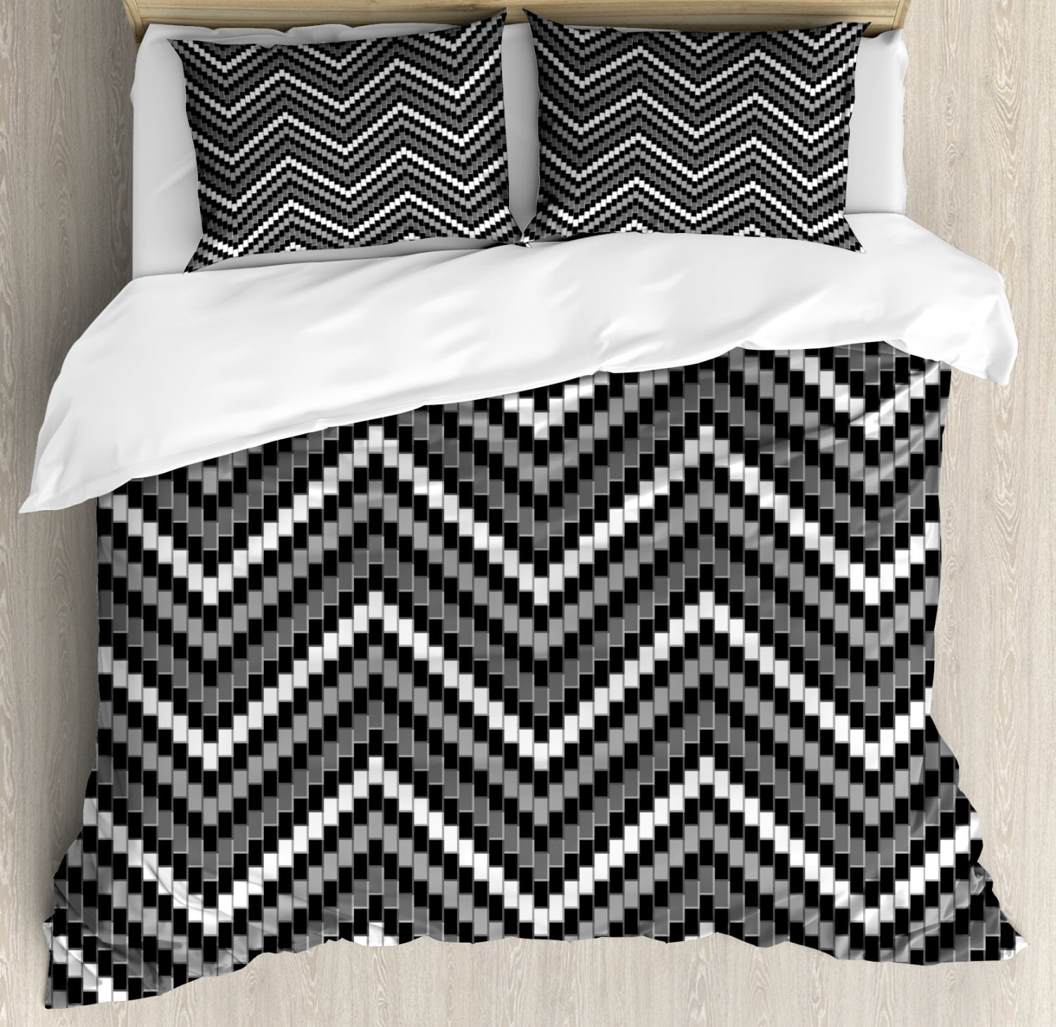 Black and Grey Duvet Cover Set Queen Size, Detailed Herringbone Pattern ...