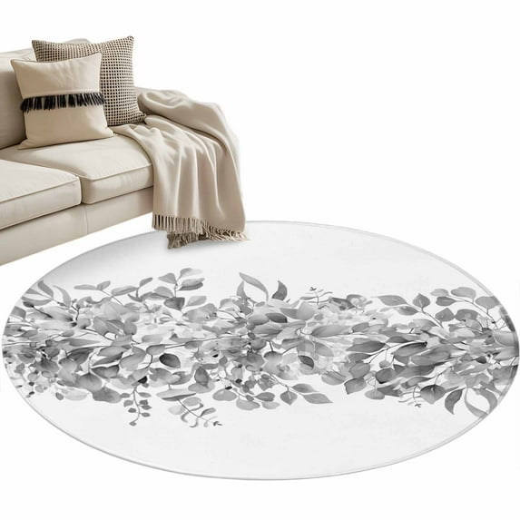 Black Grey Eucalyptus Leaves 3ft Area Rug, Spring Summer Botanical ...