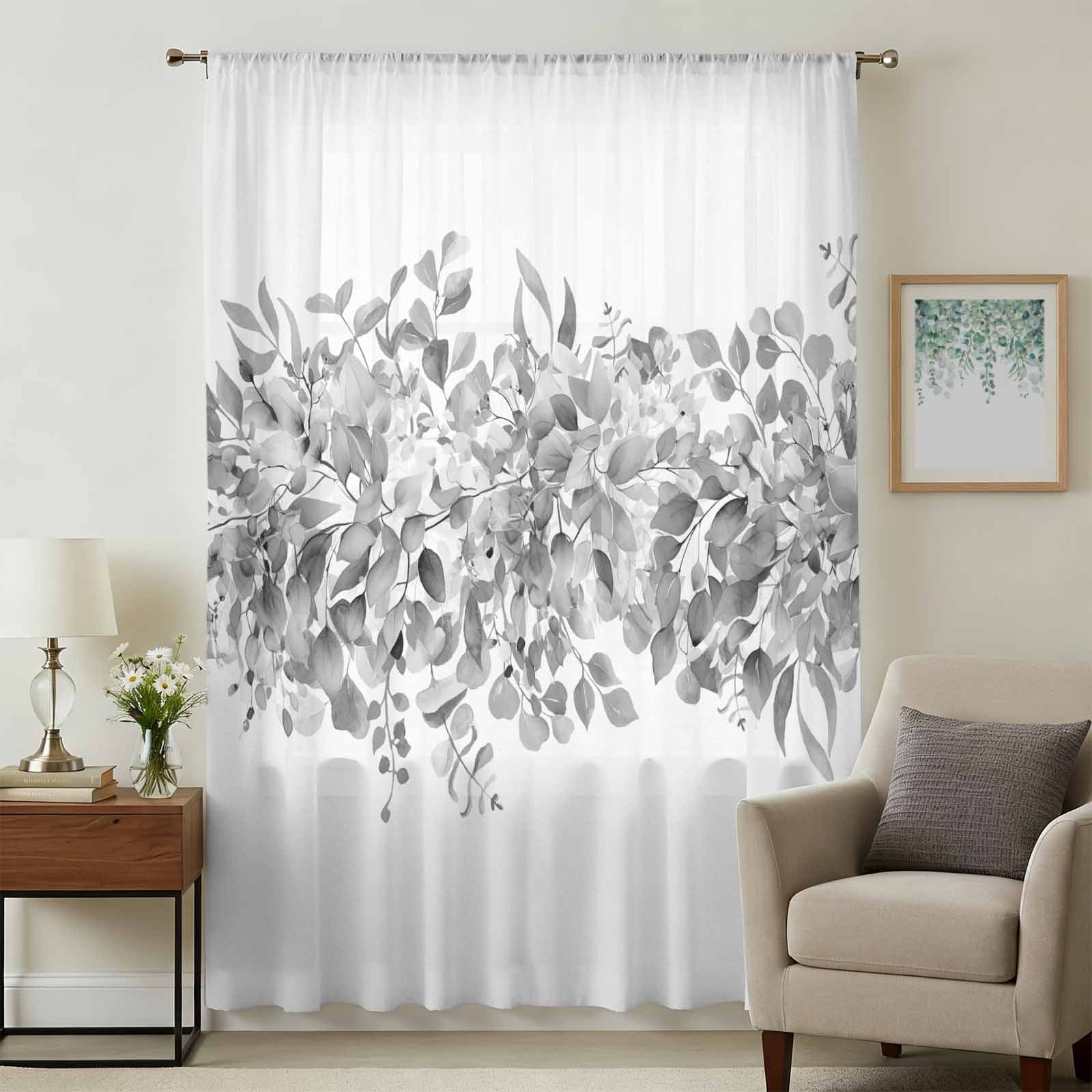 Black Grey Eucalyptus Leaves Sheer Curtains 54 Inches Long, Spring ...