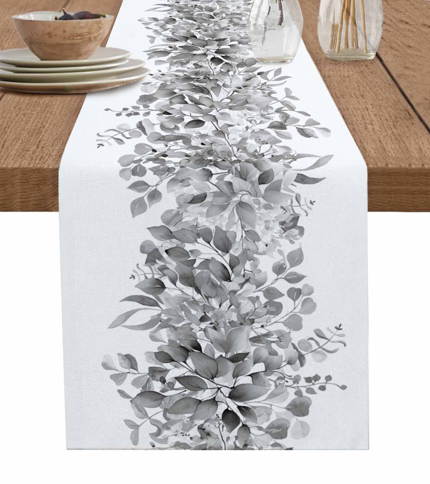 Black Grey Eucalyptus Leaves Table Runner Spring Summer Botanical Floral Tablerunners 13 x 120 ...