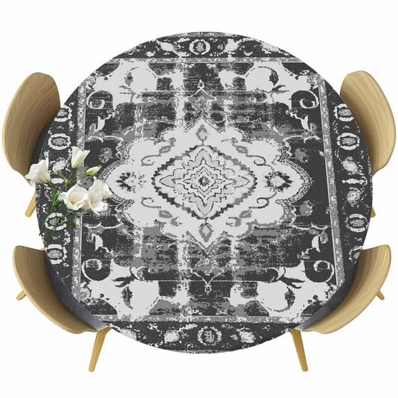 Black Grey Fitted Tablecloth with Elastic Edged, Round Table Cloth for ...
