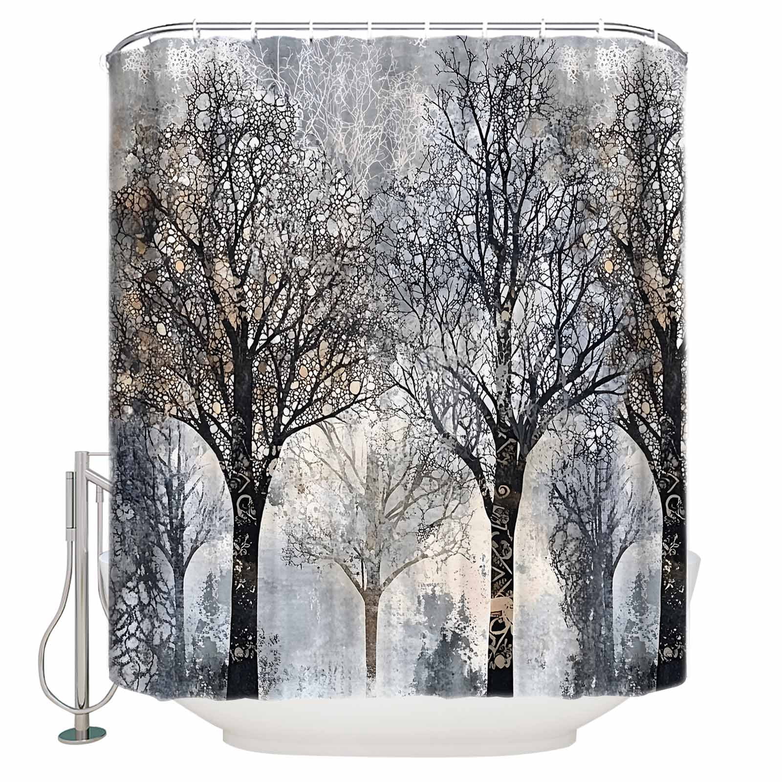 Black Grey Forest Bathroom Shower Curtains with 12 Hooks Polyester ...