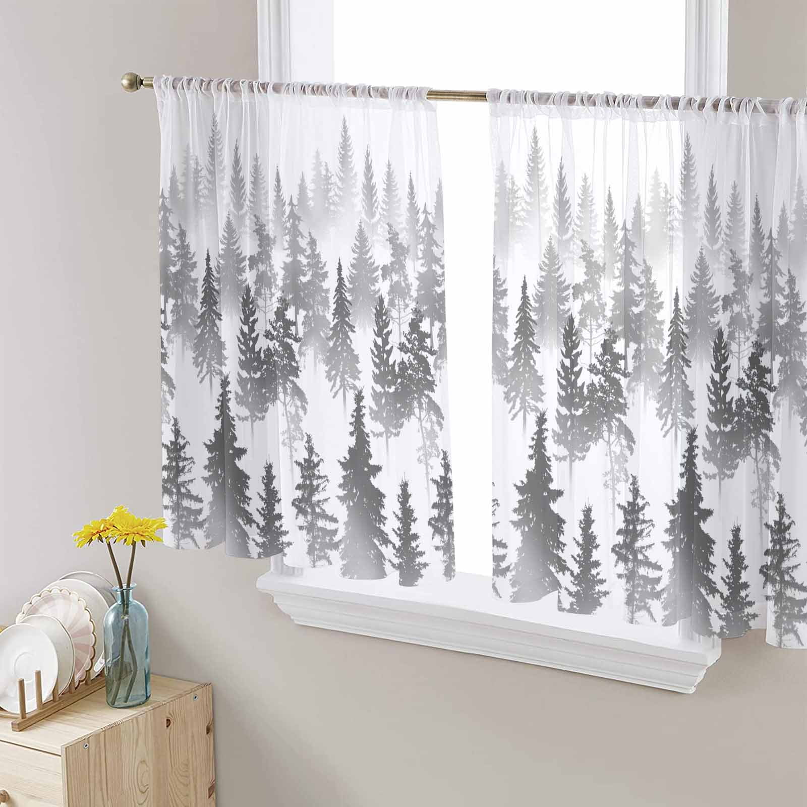 Black Grey Forest Sheer Curtains 54 Inch Length 2 Panels Set for Living ...