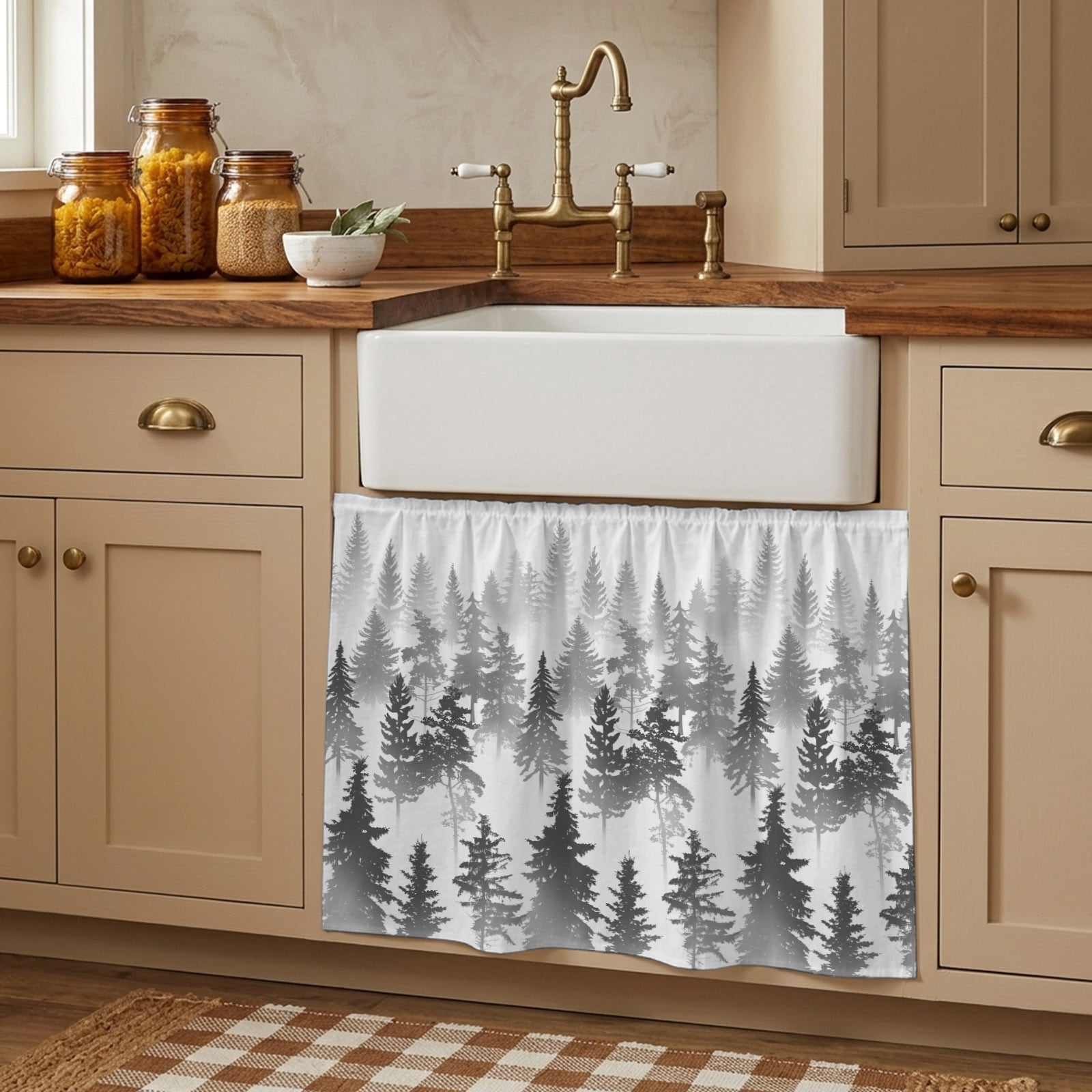 Black Grey Forest Small Cabinet Curtains 10.8"W x 13.4"L, Contemporary ...