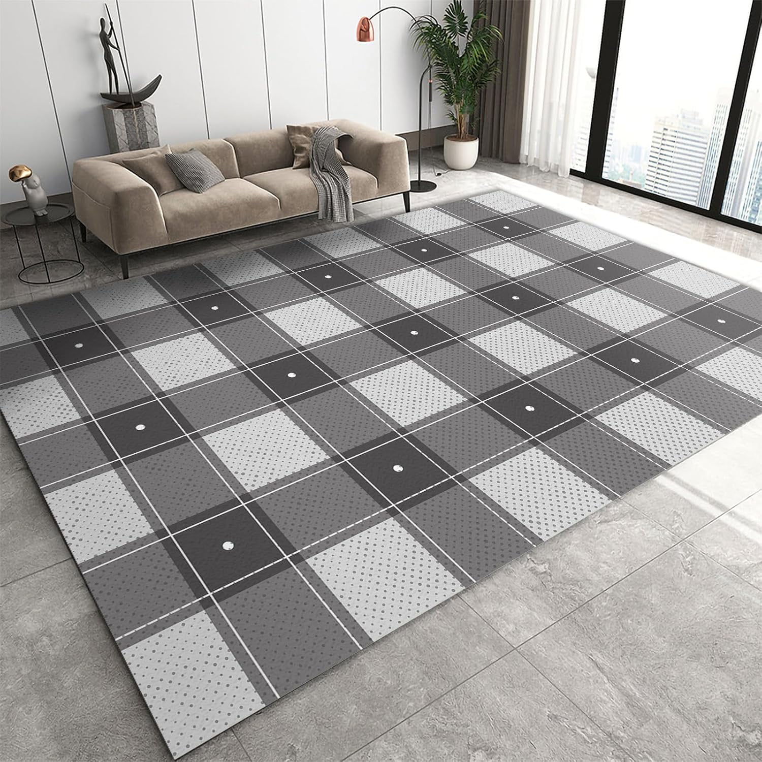 Black and Grey Geometric Checkered Area Rug 4x6ft Modern Retro Grey ...