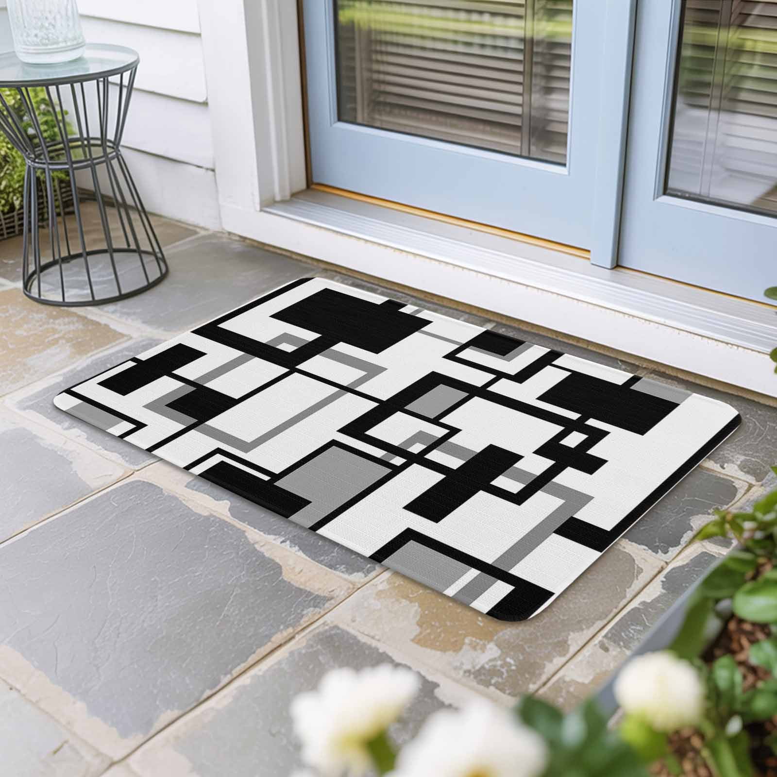 Black Grey Geometric Door Mat Indoor Outdoor, Modern Abstract Art White ...