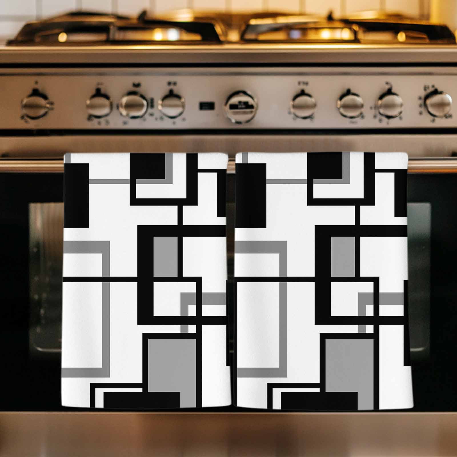Black Grey Geometric Kitchen Towels Set of 3, Modern Abstract Art White ...