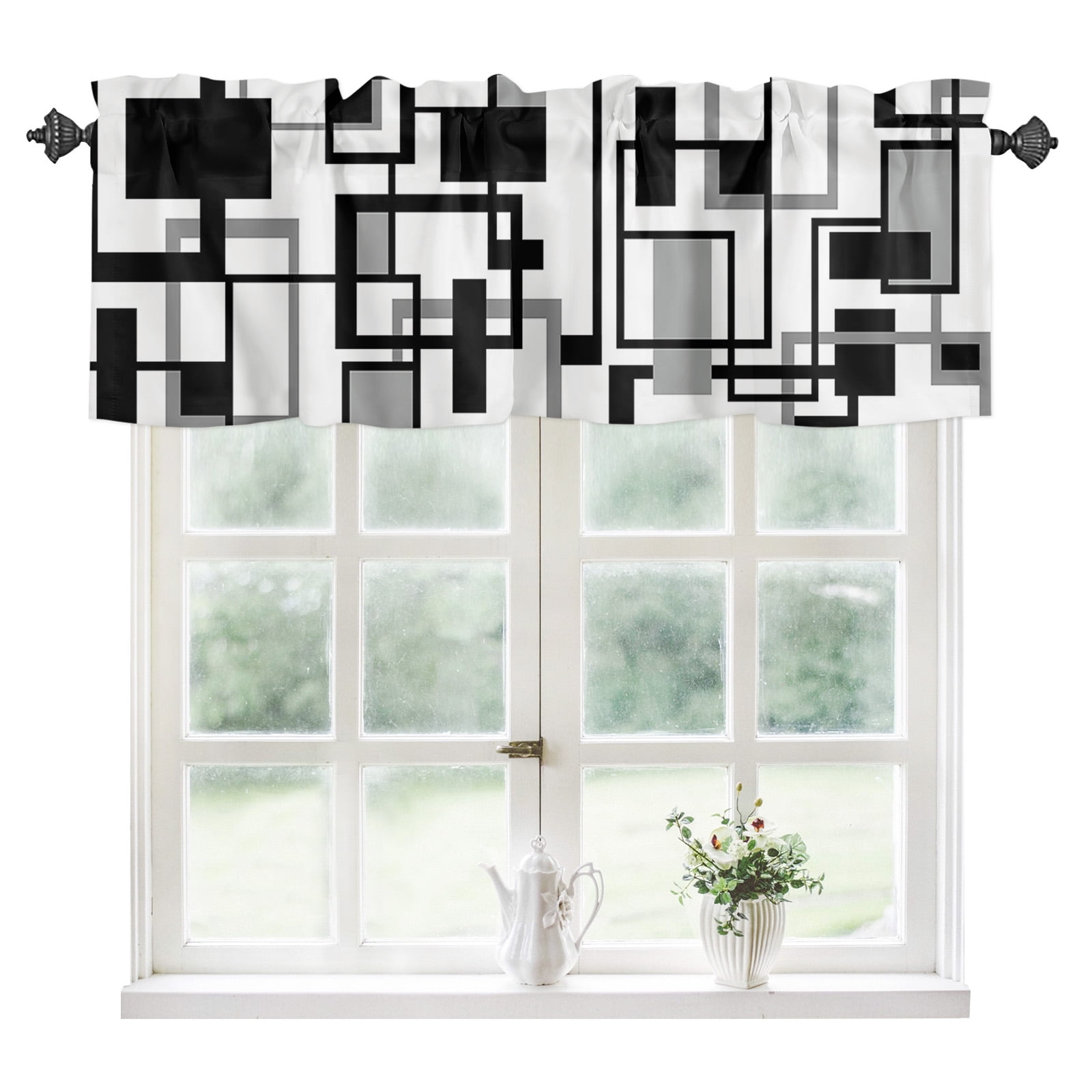 Black Grey Geometric Kitchen Valances for Windows 42x18 Inch Kitchen ...