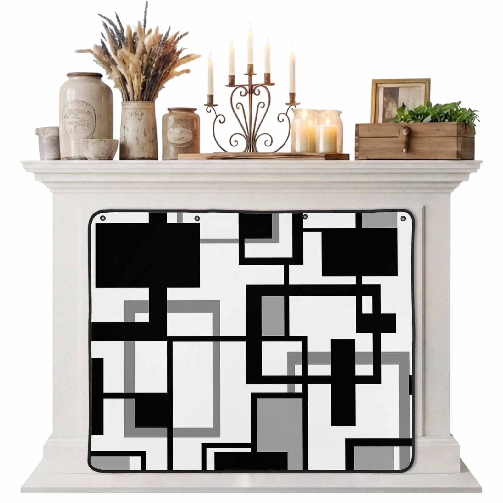 Black Grey Geometric Magnetic Fireplace Cover, Fireplace Draft Blocker ...