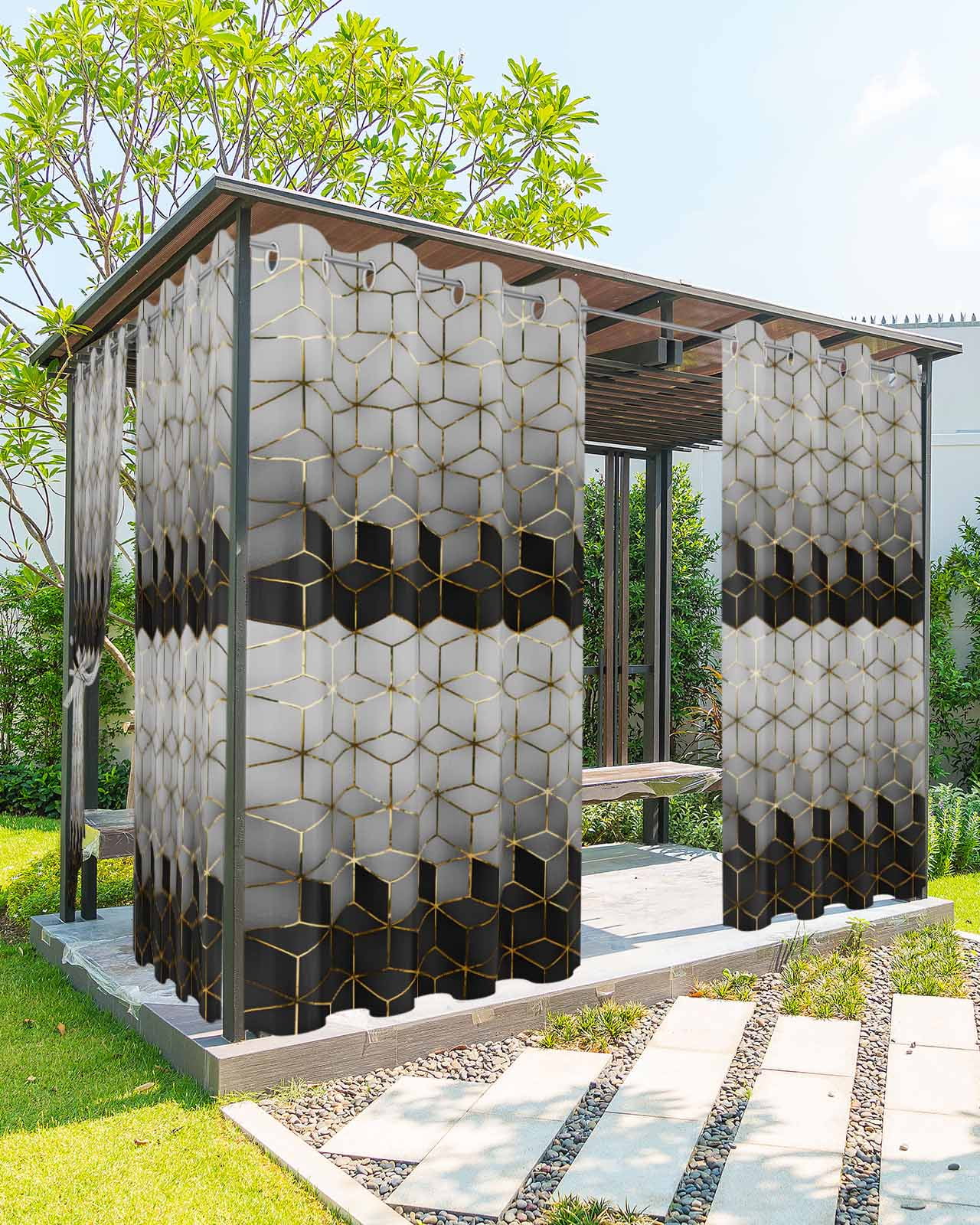 Black Grey Geometric Outdoor Curtains for Patio Waterproof,Gradient ...