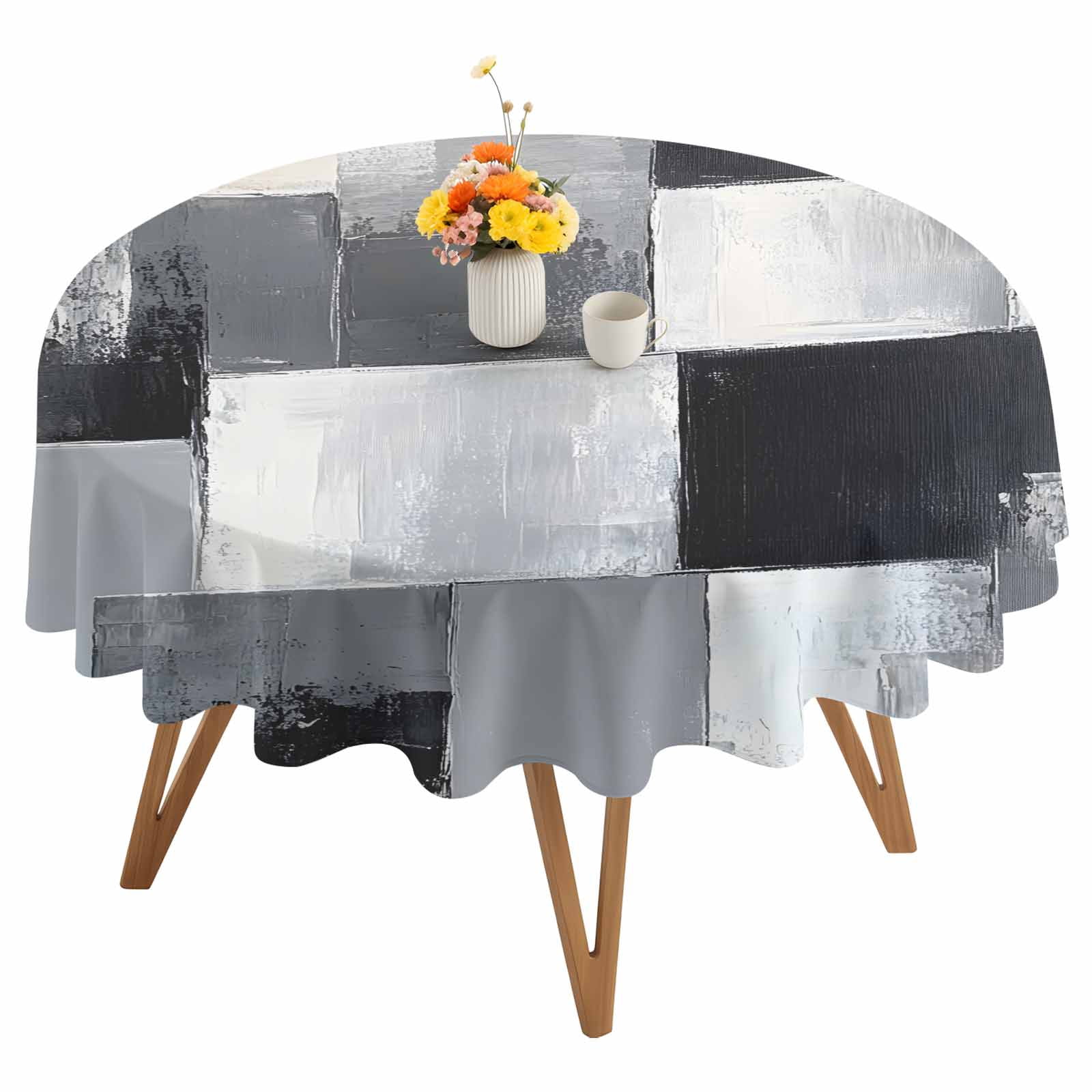 Black Grey Geometric Round Tablecloth 54 inches Modern Abstract Art ...