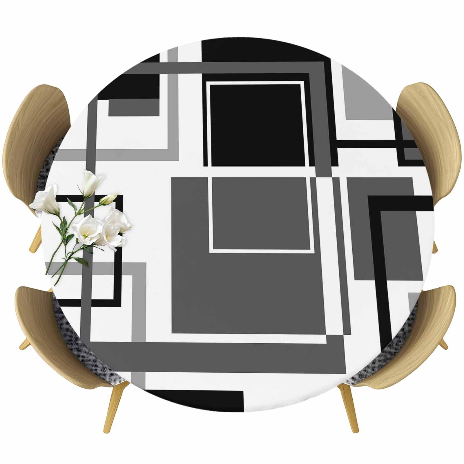 Black Grey Geometric Round Tablecloth, Fitted Table Cover with Elastic ...