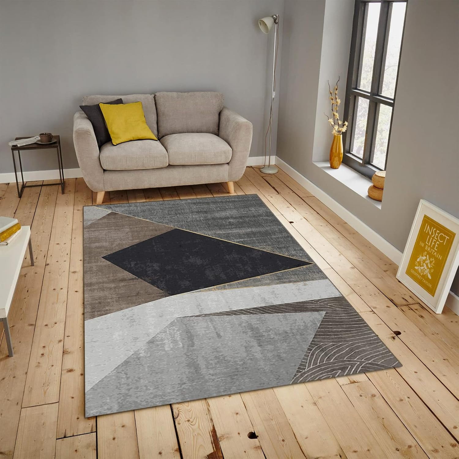 Black Grey Geometric Rug, Marble Art Area Carpet, Floor Mat Comfortable ...