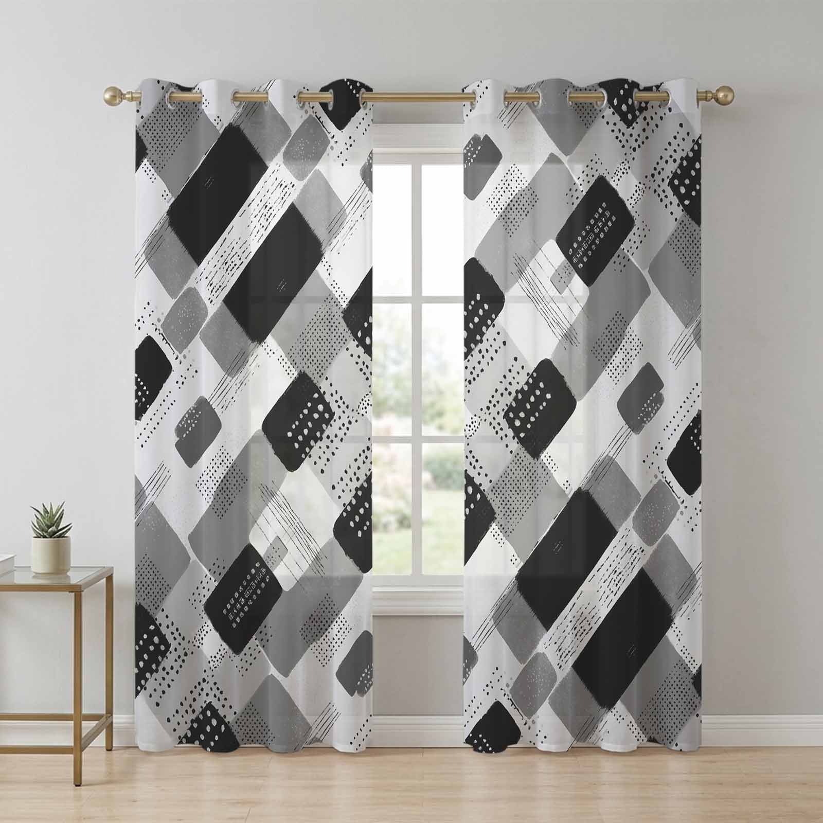 Black Grey Geometric Sheer Curtains 84 Inch Long 2 Panels, Modern ...