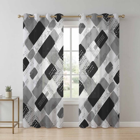 Black Grey Geometric Sheer Curtains 90 Inch Long 2 Panels, Modern ...