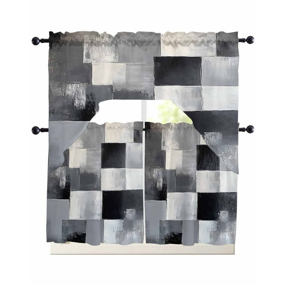 Black Grey Geometric Swag Valance and Tier Curtains Set Modern Abstract ...
