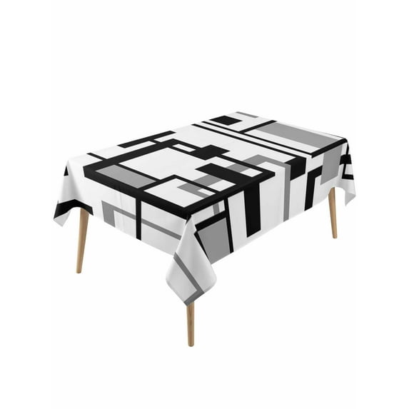 Black Grey Geometric Table Cloth, Modern Abstract Art White Waterproof ...