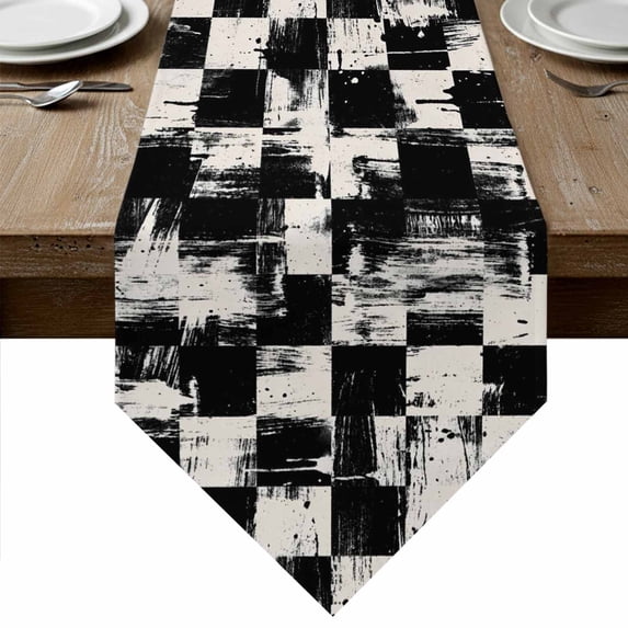 Black Grey Geometric Table Runner Linen Burlap Table Runner 108 Inches ...