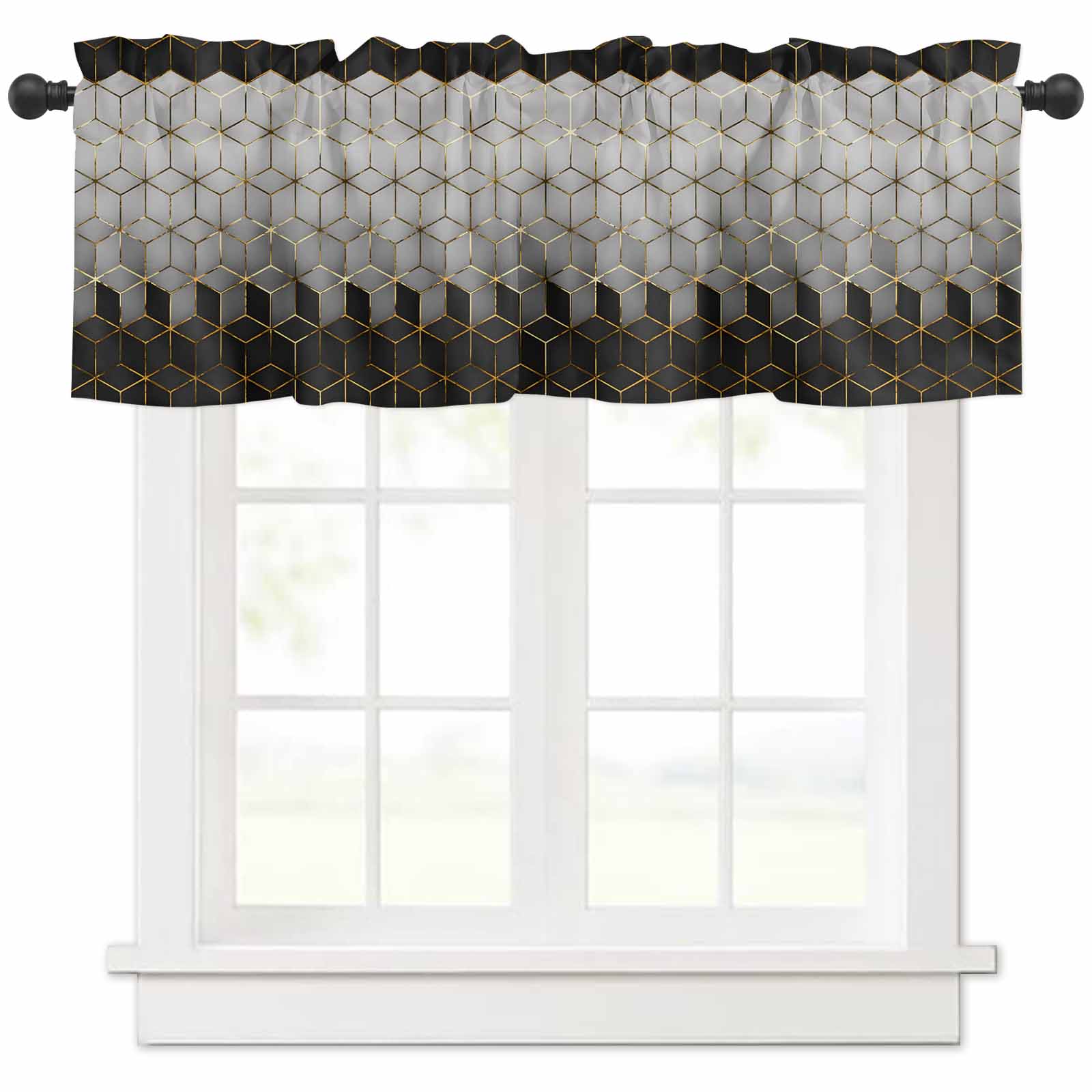 Black Grey Geometric Valances for Windows Farmhouse Kitchen Curtains ...