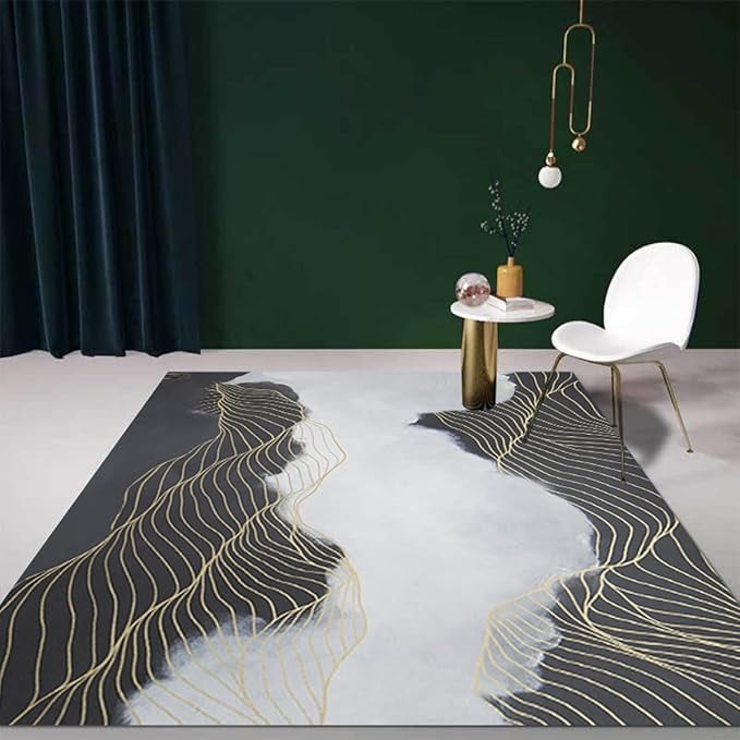 Black Grey Gold Art Print Modern Abstract Area Rug Washable Soft Thick ...