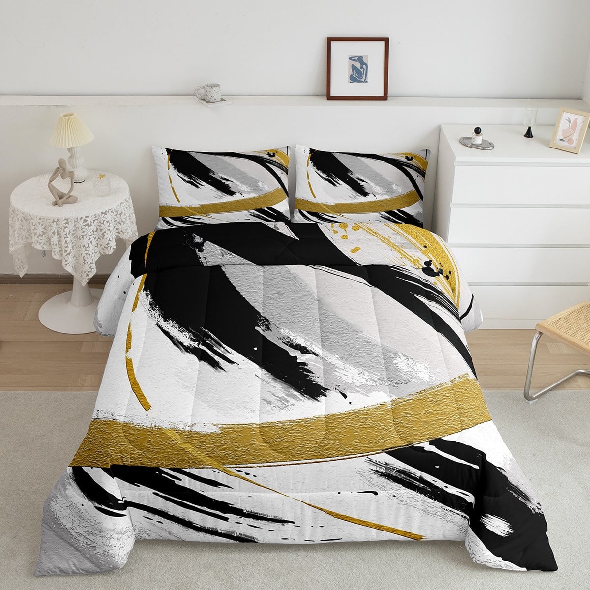 Black Grey Gold Bedding King Brush Strokes Oil Painting Comforter Set ...