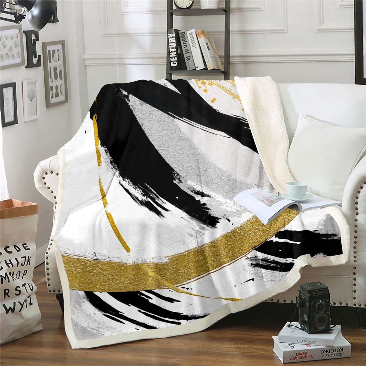 Black Grey Gold Fleece Blanket Brush Strokes Oil Painting Sherpa ...