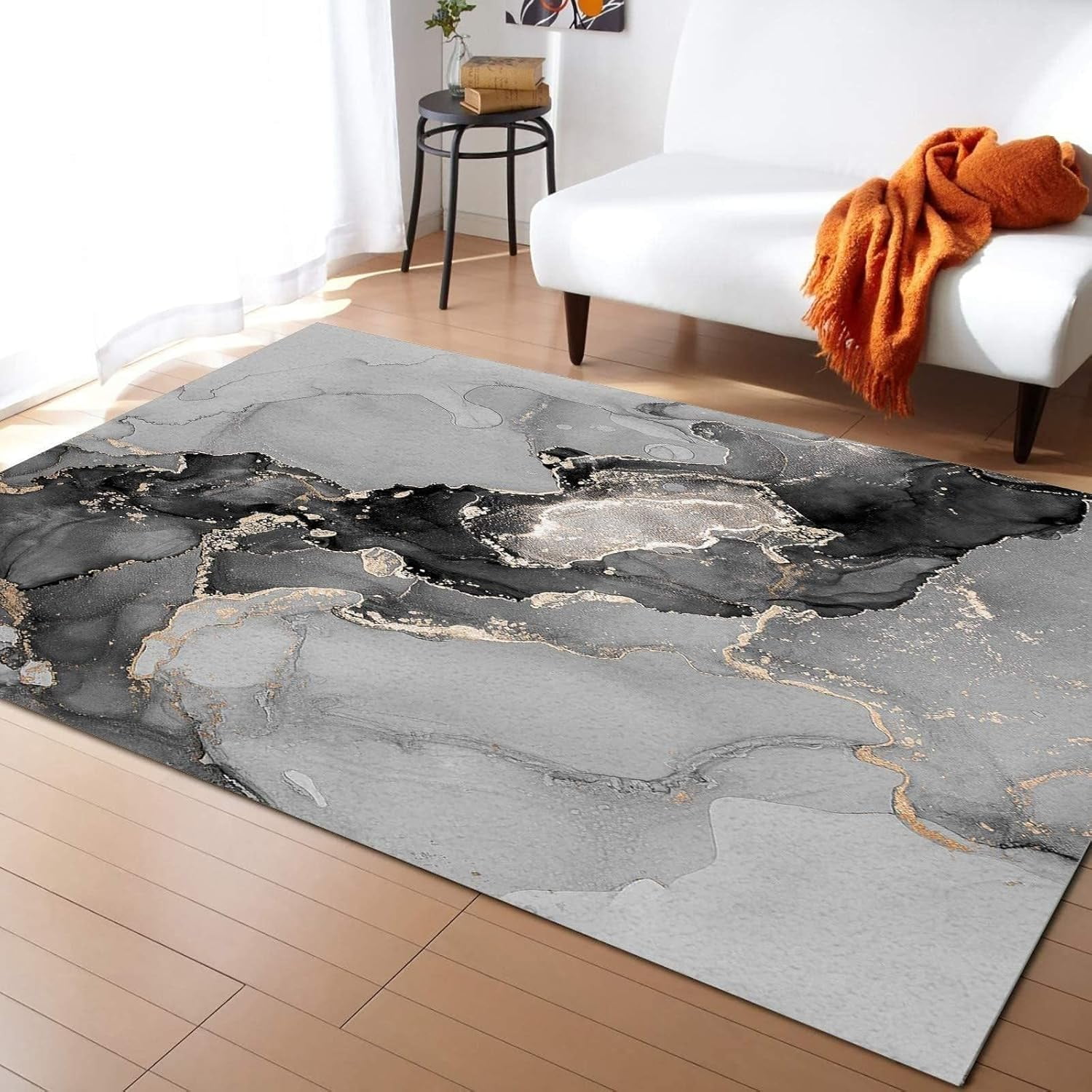 Black Grey Gold Marble Area Rugs, Light Luxury Abstract Gradient Rug ...