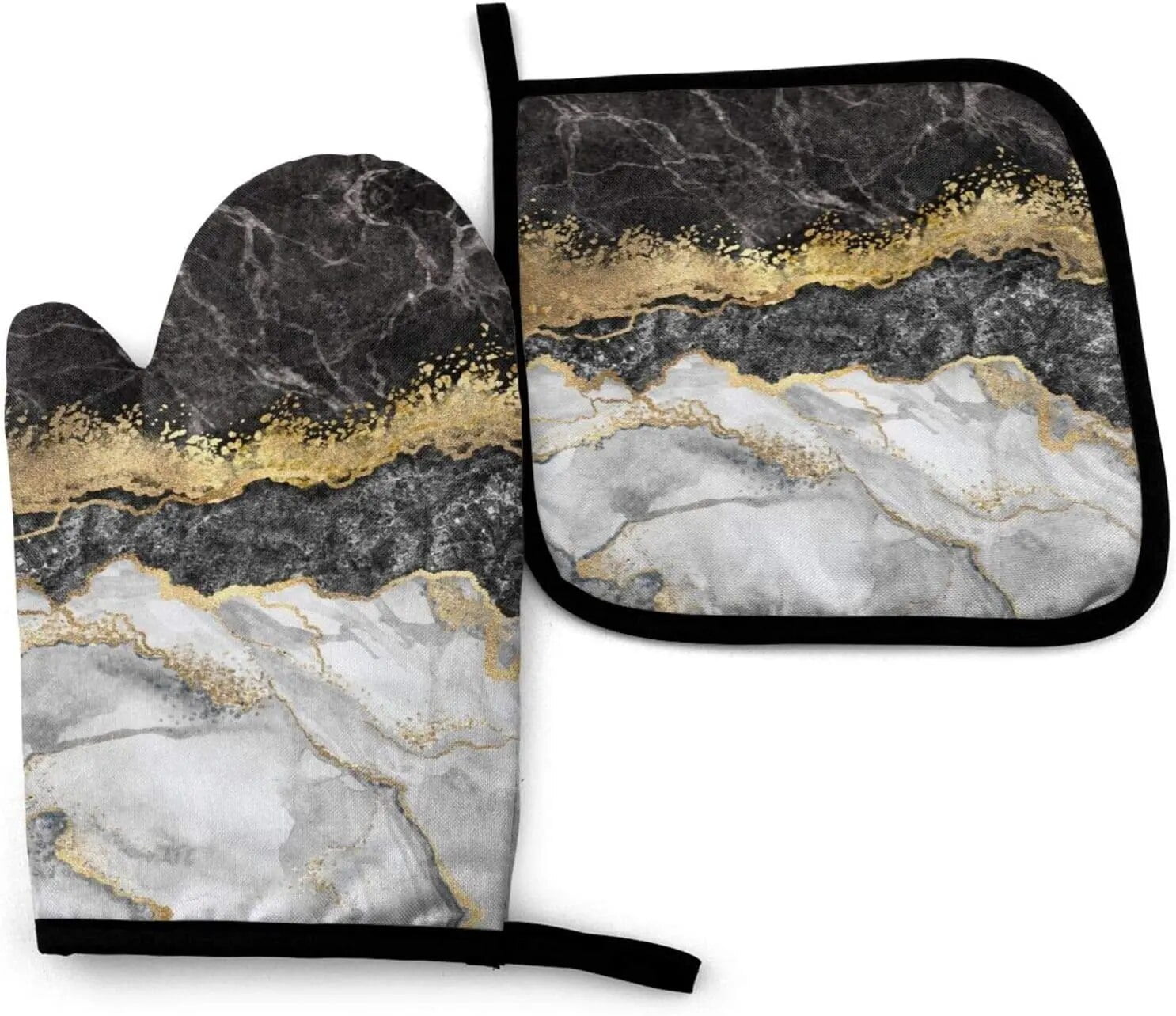 Black Grey Gold Marble Oven Mitts and Pot Holders Glitter Golden ...