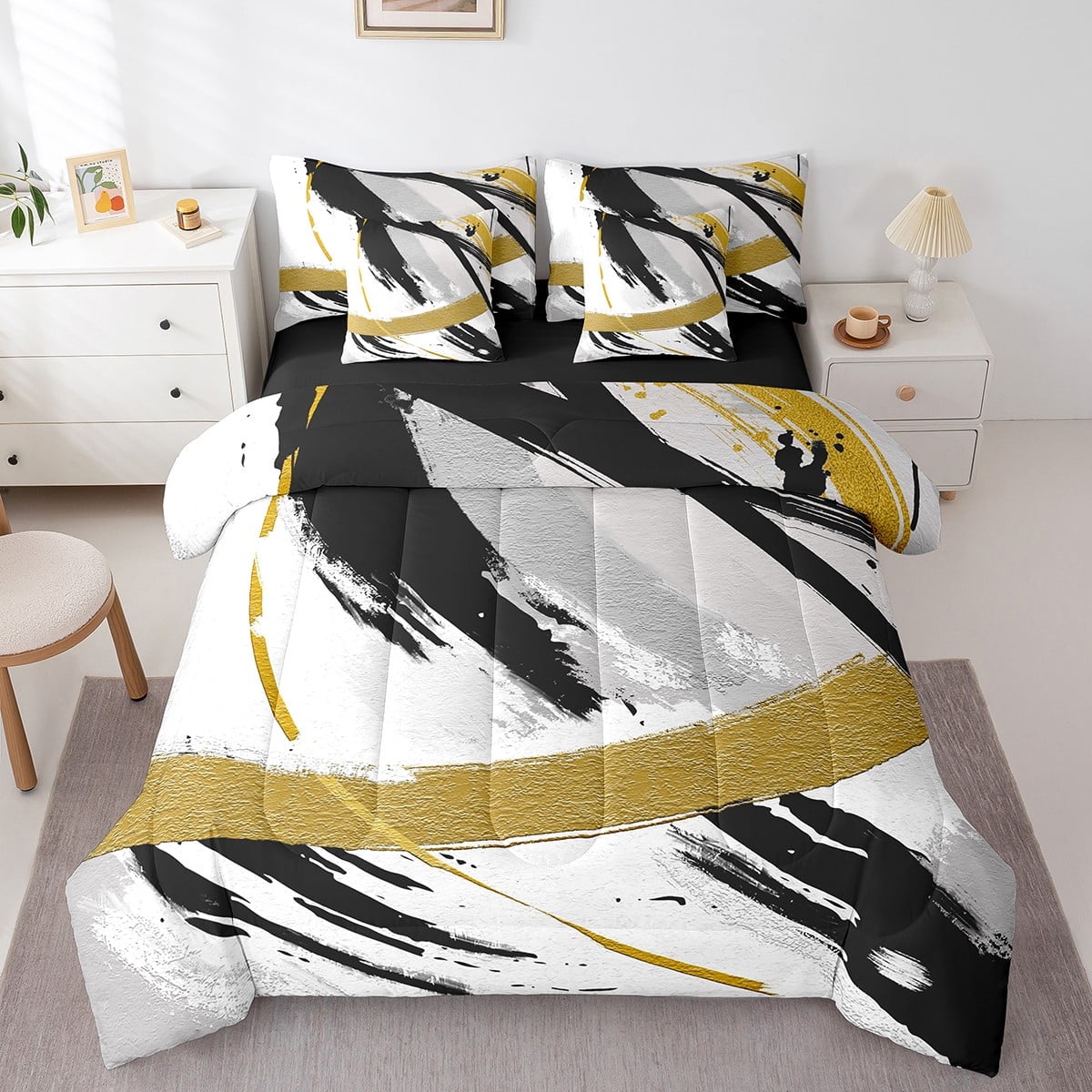 Black Grey Gold Queen Comforter Set 7-Piece Brush Strokes Oil Painting ...