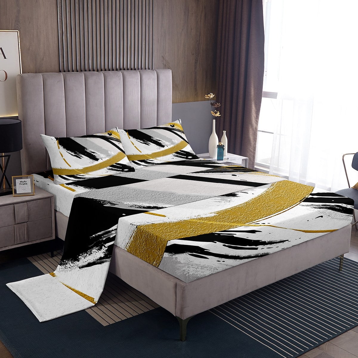 Black Grey Gold Twin Sheet Set Brush Strokes Oil Painting Sheets ...