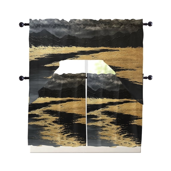 Black Grey Golden Kitchen Curtains Sets for Windows 3 Piece, Abstract ...