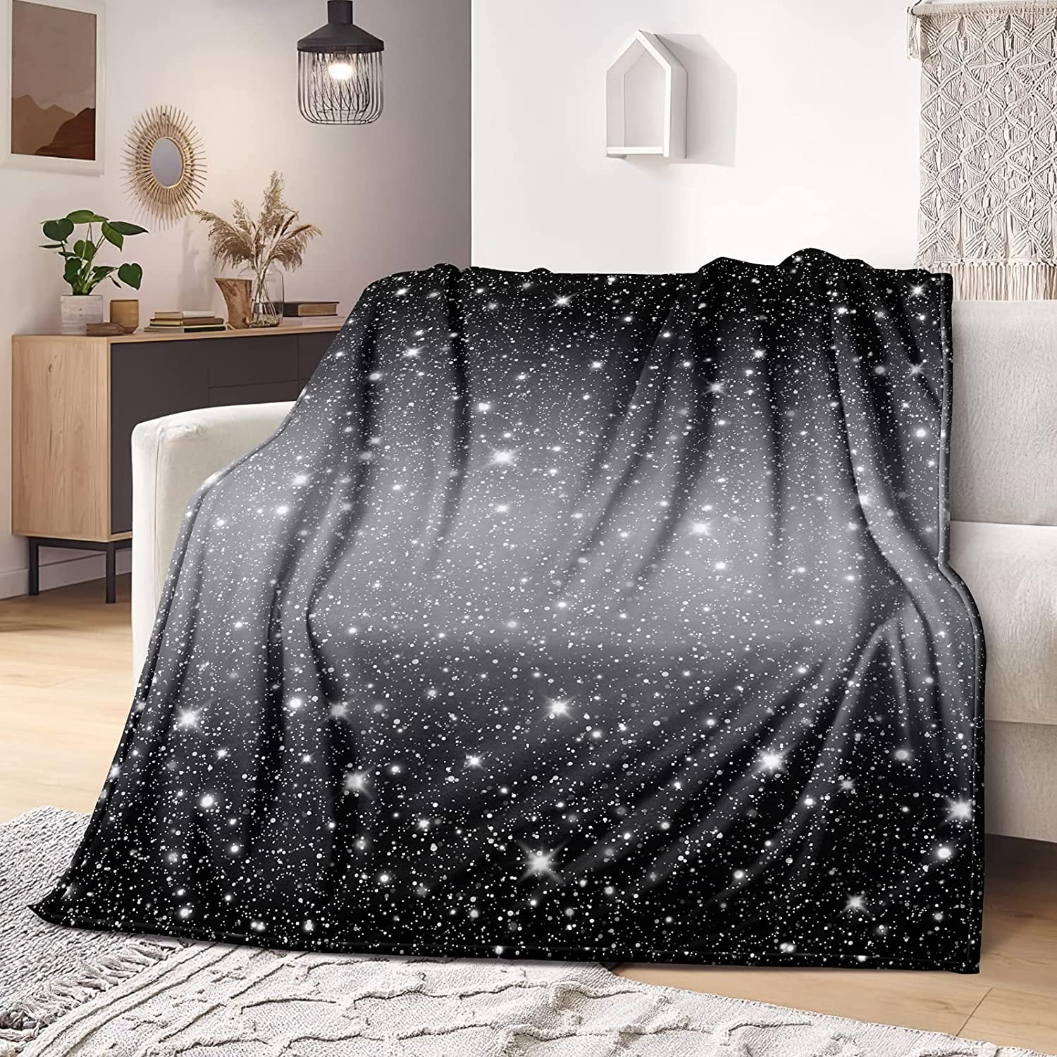 Black Grey Gradient Glitter Throw Blanket Starry Sky Bed Blanket ...