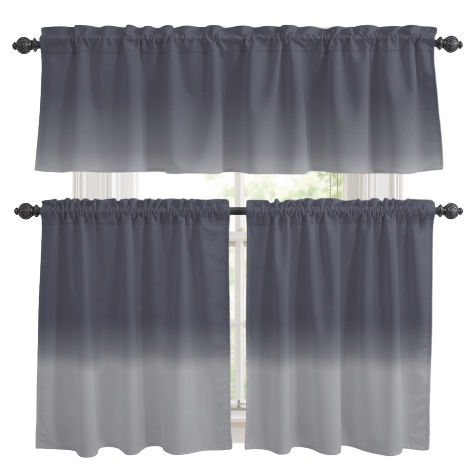 Black Grey Gradient Kitchen Curtains Valance and Tier Set Simple Color ...