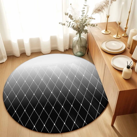 Black Grey Gradient White Stripes Round Rug 3ft Lattice Geometric ...
