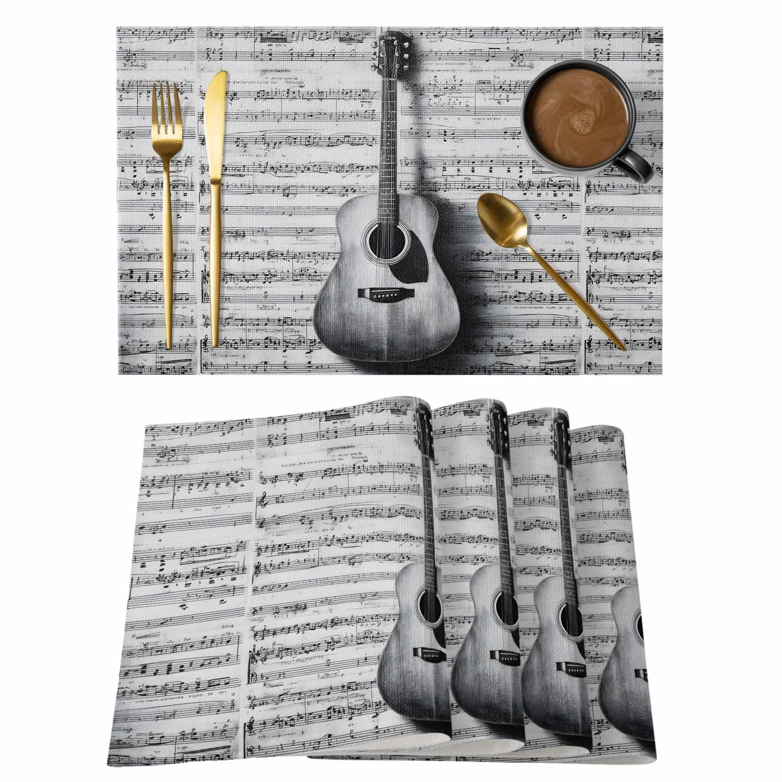 Black Grey Guitar Placemats Set of 8, Vintage Musical Guitar Sheet ...