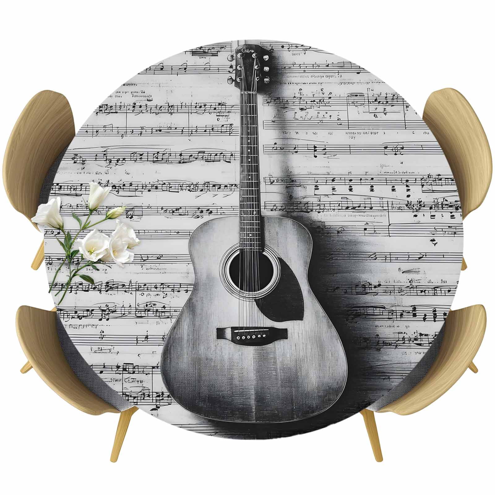 Black Grey Guitar Round Fitted Tablecloth with Elastic Edge, Vintage ...