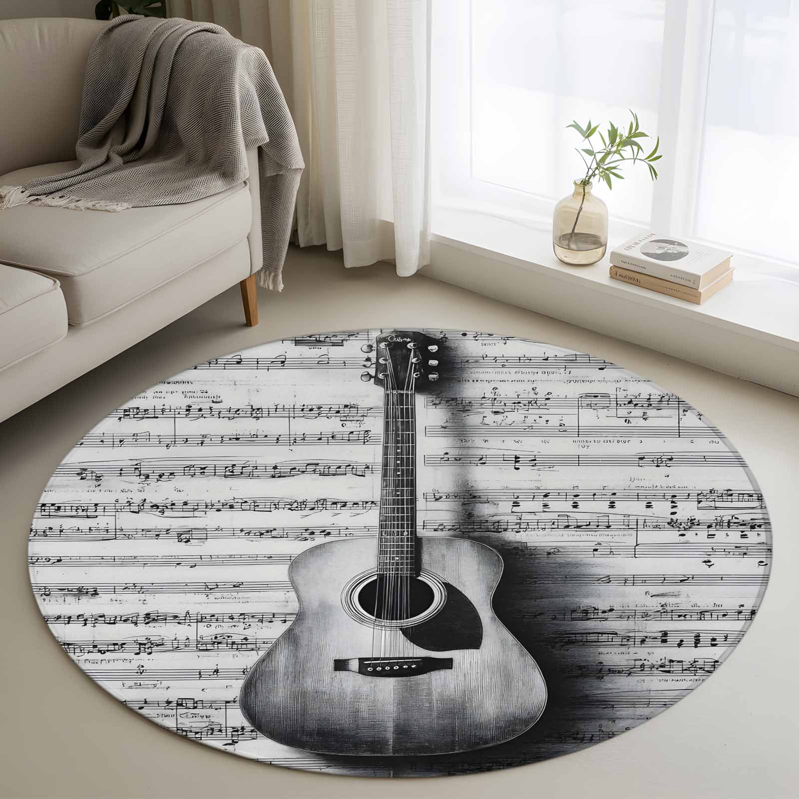 Black Grey Guitar Round Rug 4ft Washable Circle Entryway Rugs Non Slip ...