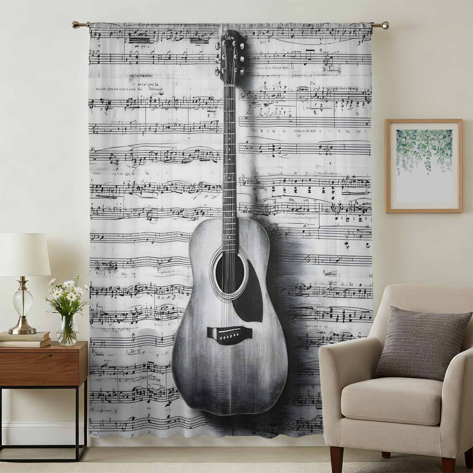 Black Grey Guitar Sheer Curtains 45 Inches Long, Vintage Musical Guitar ...